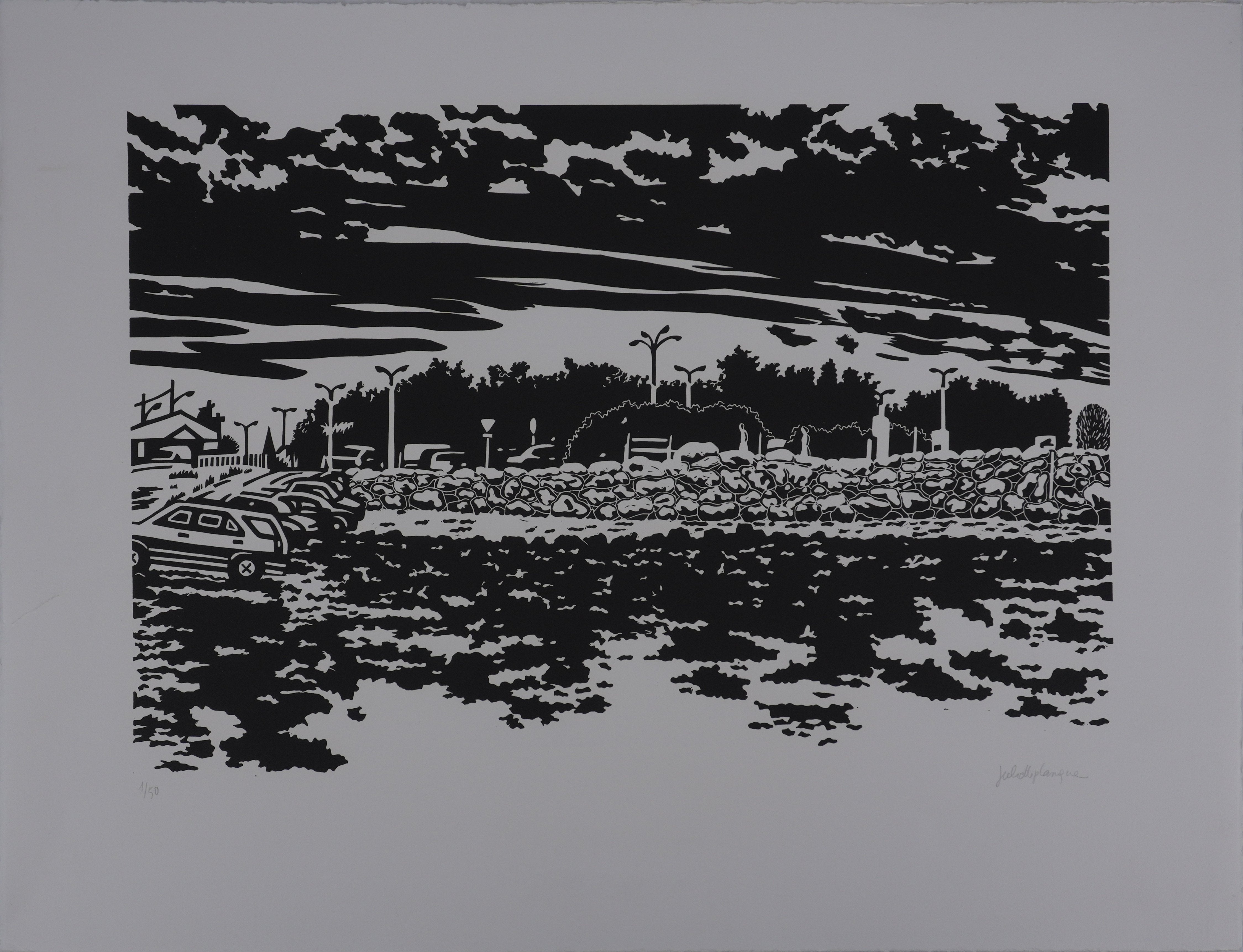 Juliette PLANQUE : Paysages aux voitures, Linogravure originale – art.paris
