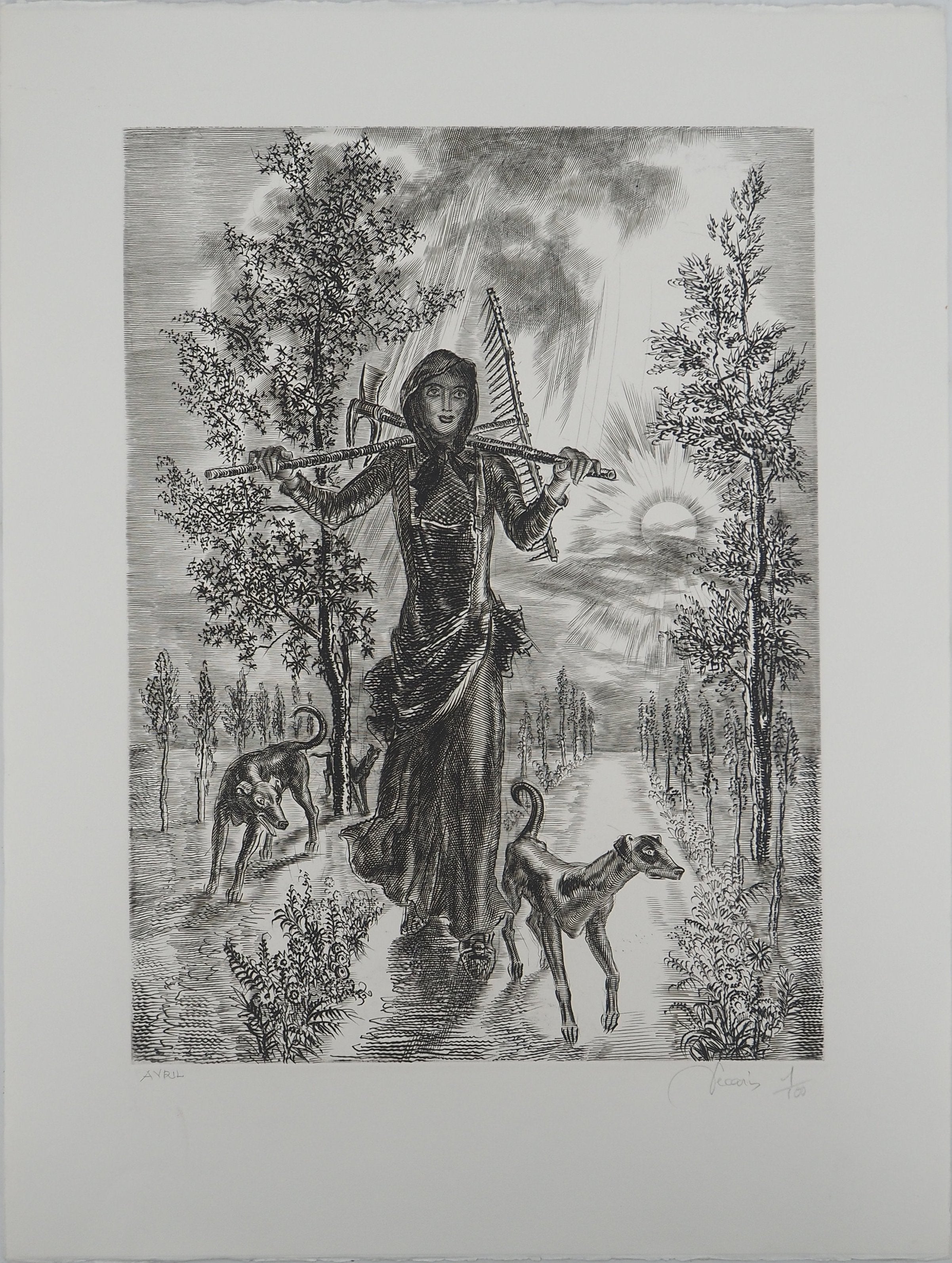 Albert DECARIS: Woman and Fauna, Original Engraving – art.paris